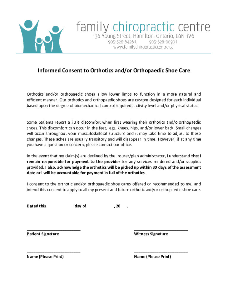 Fillable Online Informed Consent to Orthotics and/or Orthopaedic Shoe ...
