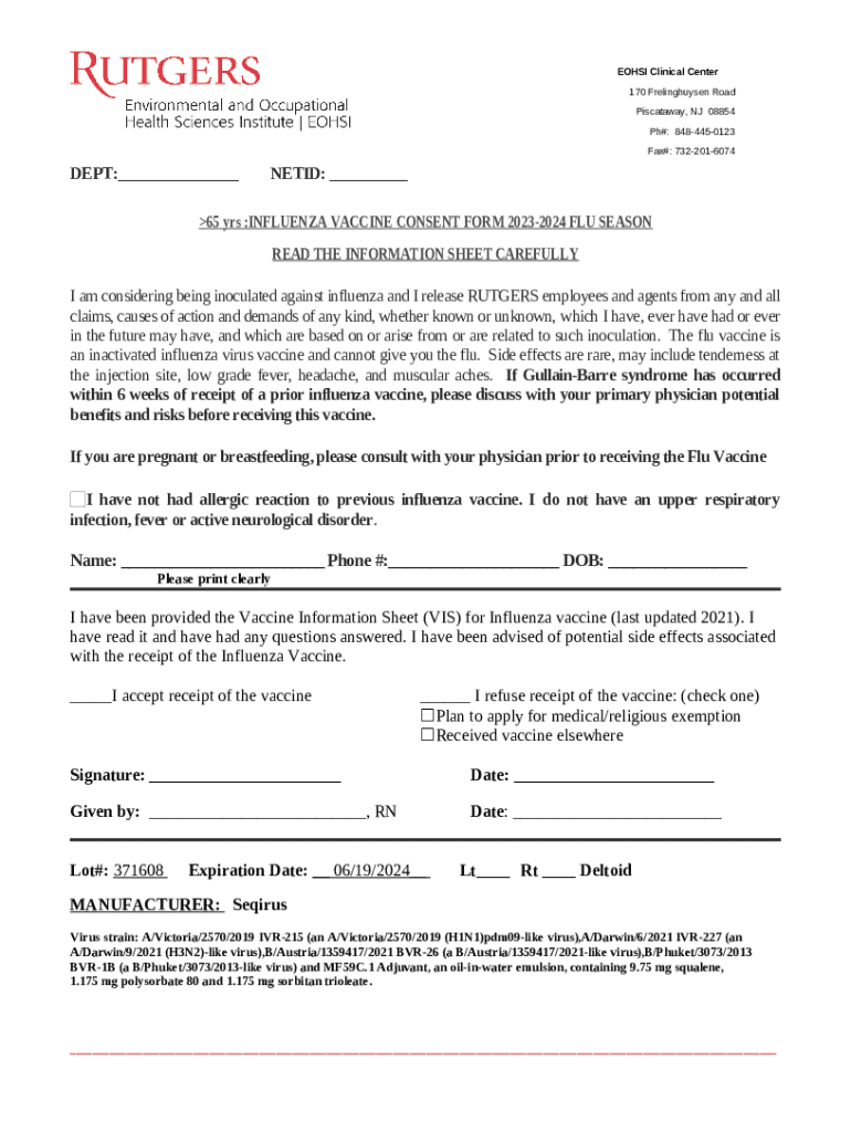 Influenza Vaccine Consent Form - Blank Fillable Template | Fill Out ...