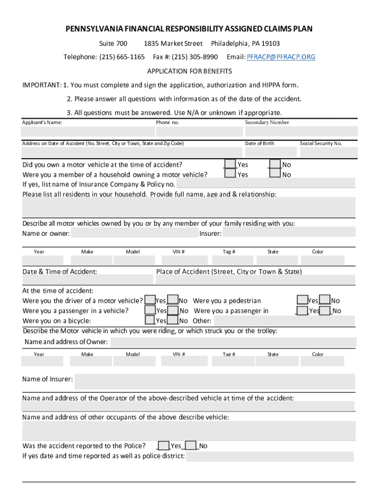 Fillable Online PA Financial Responsibility Assigned Claims Plan Fax ...