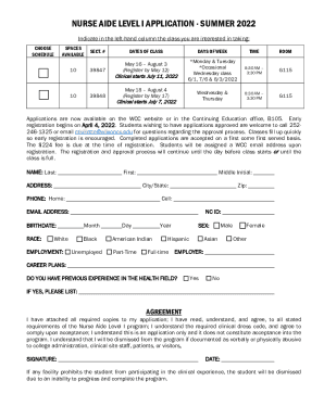 Fillable Online Nurse Aide Level I Application - Summer 2022 Fax Email Print - pdfFiller