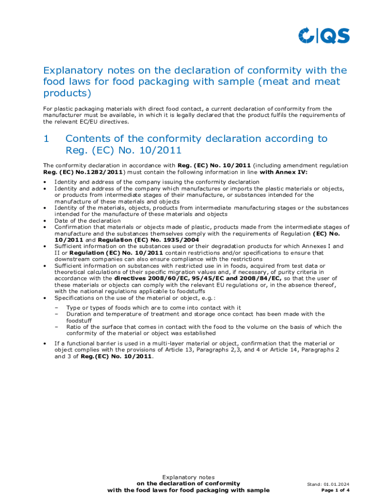 Fillable Online EU Declaration of Compliance (DoC) for Food Contact ...
