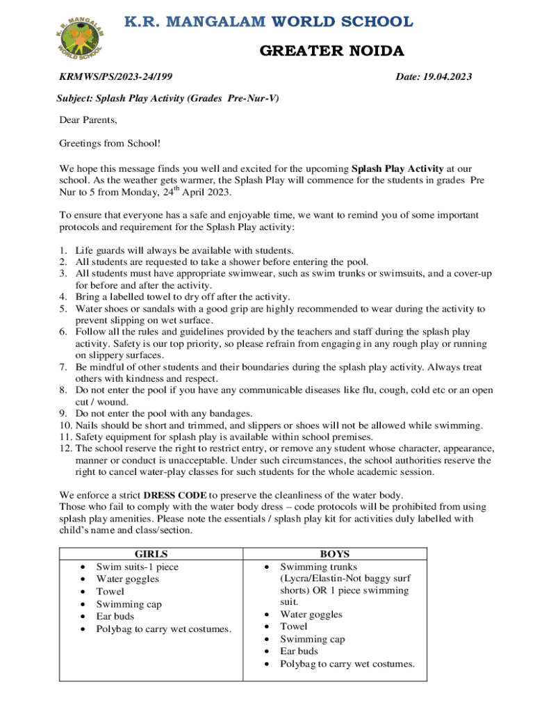 Fillable Online Splash Play Activity (Grades Pre-Nur-V) - Greater Noida ...