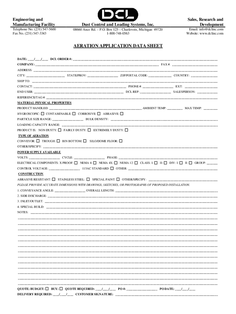 Fillable Online DCL, Inc. - Aeration Application Data Sheet. Aeration ...