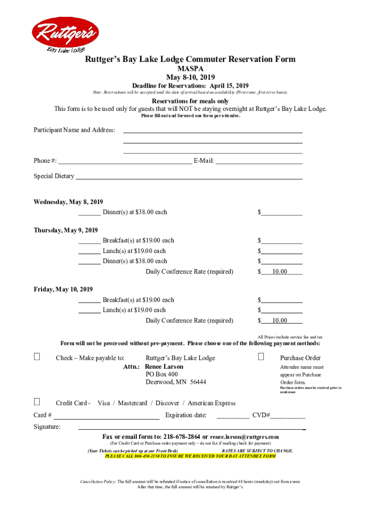 Fillable Online Ruttger's Bay Lake Lodge Commuter Reservation Form Fax Email Print - pdfFiller