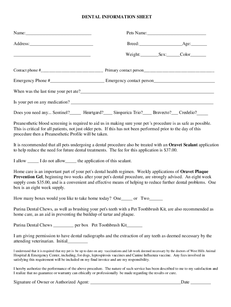 Fillable Online DENTAL INFORMATION SHEET Fax Email Print - pdfFiller