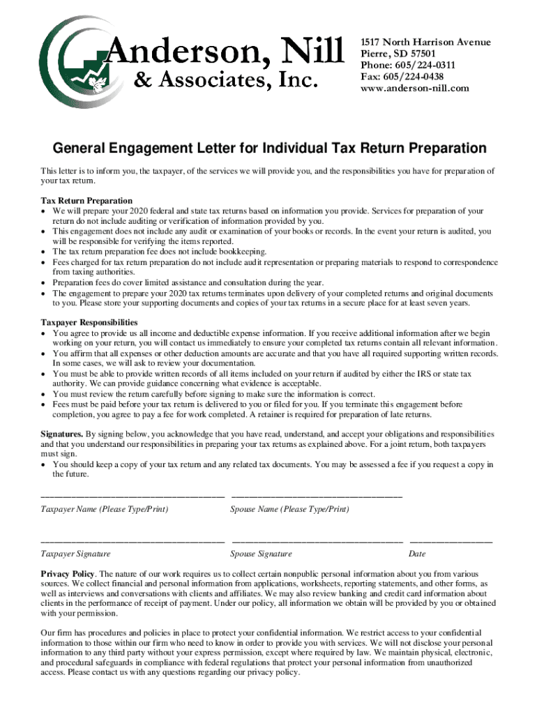 Fillable Online General Engagement Letter for Individual Tax Return ...