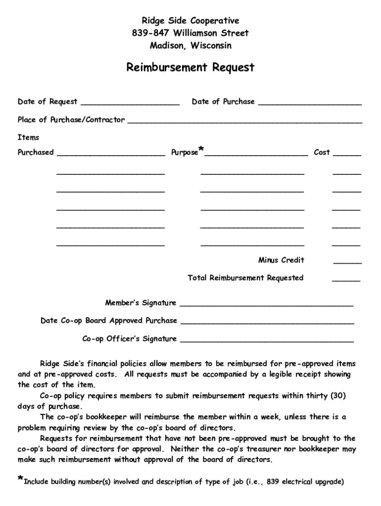 Fillable Online Reimbursement Request - Ridge Side Co-op Fax Email ...
