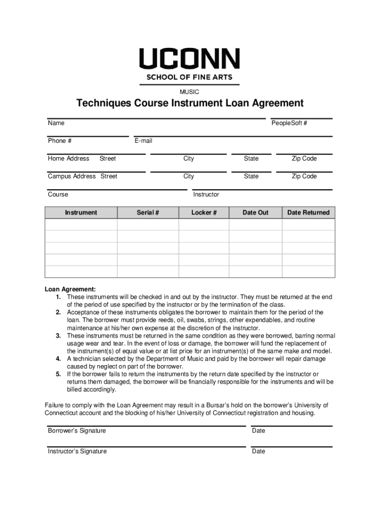 Fillable Online music uconn Techniques Course Instrument Loan Agreement UConn Music Fax Email ...