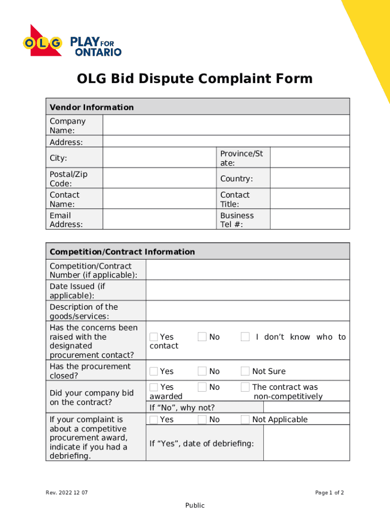 OLG Bid Dispute Complaint Doc Template | pdfFiller