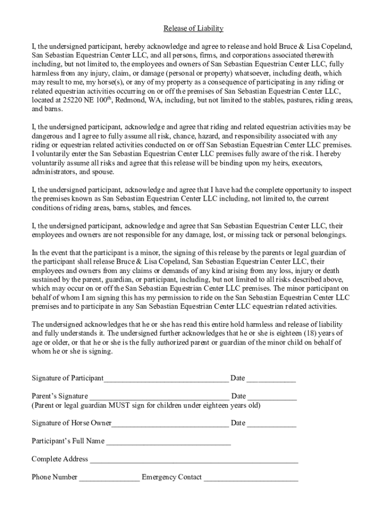 Fillable Online Release of Liability I, the undersigned participant ...