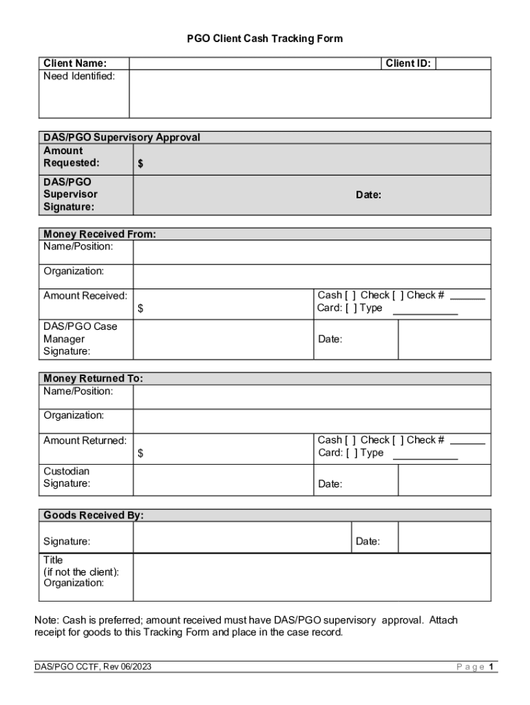 Fillable Online PGO Client Cash Tracking Form Client Name: Client ID ...