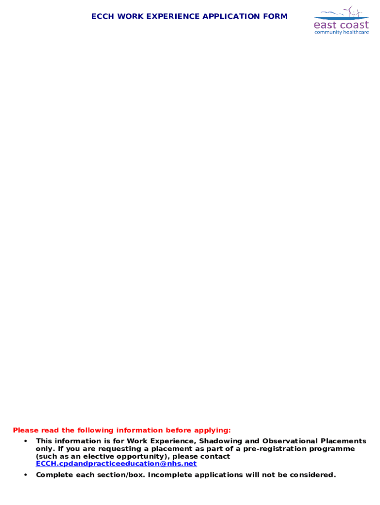 ecch work experience application Doc Template | pdfFiller