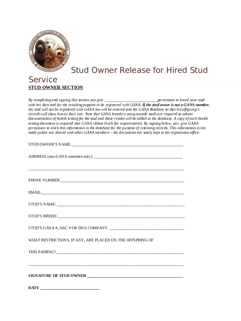 Stud Owner Release for Hired Stud Service Doc Template | pdfFiller