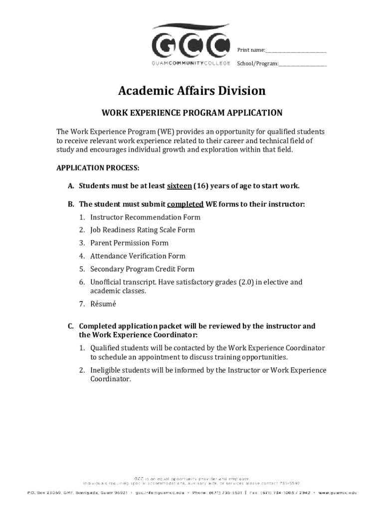 Fillable Online WORK EXPERIENCE PROGRAM APPLICATION Fax Email Print ...