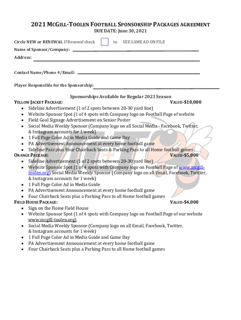 Fillable Online 2023-2024 McT Football Sponsorship Packages Agreement ...