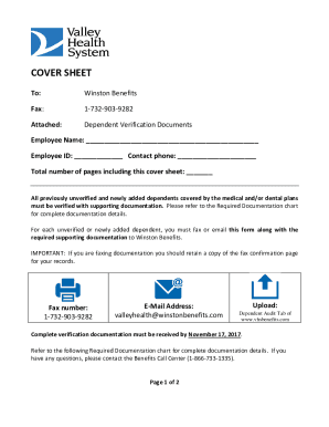 Fillable Online Dependent Verification Cover Sheet Fax Email Print ...