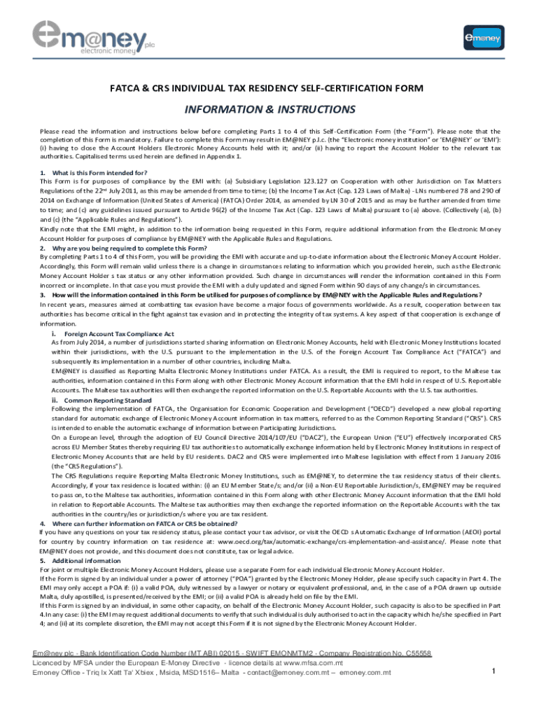 FATCA & CRS Individual Tax Residency Self-Certification Form - Blank ...