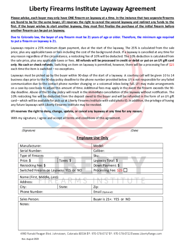 Fillable Online Liberty Firearms Institute Layaway Agreement Fax Email ...