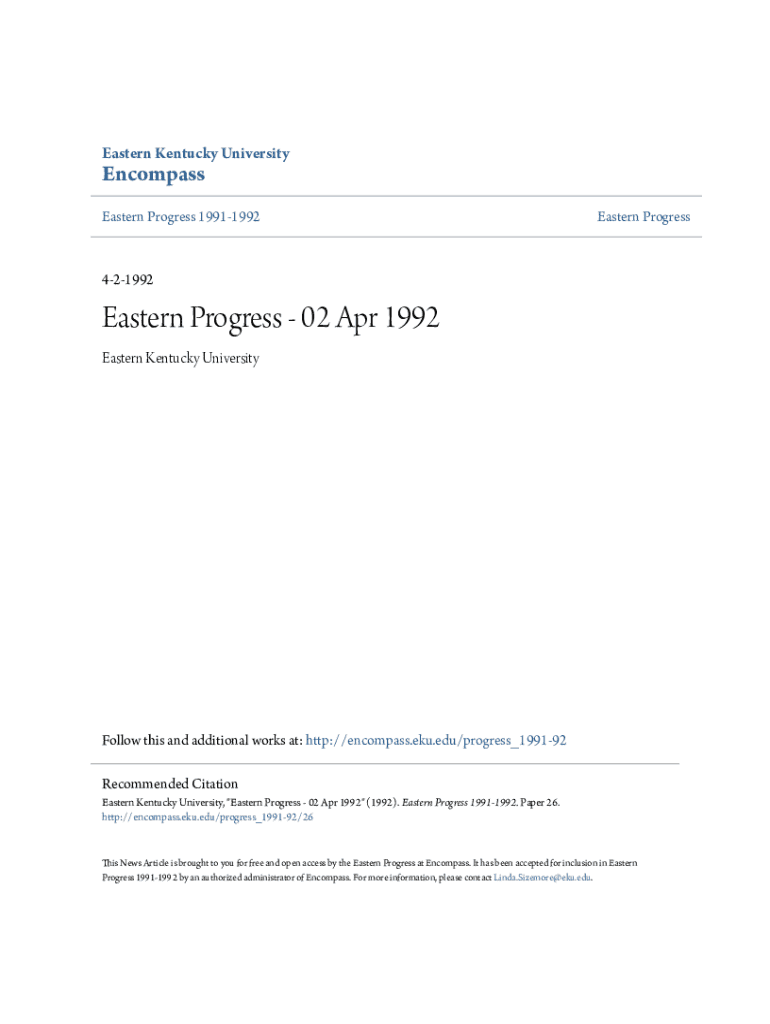 Fillable Online Eastern Kentucky University, "Eastern Progress - 02 Apr 1992" (1992) Fax Email ...