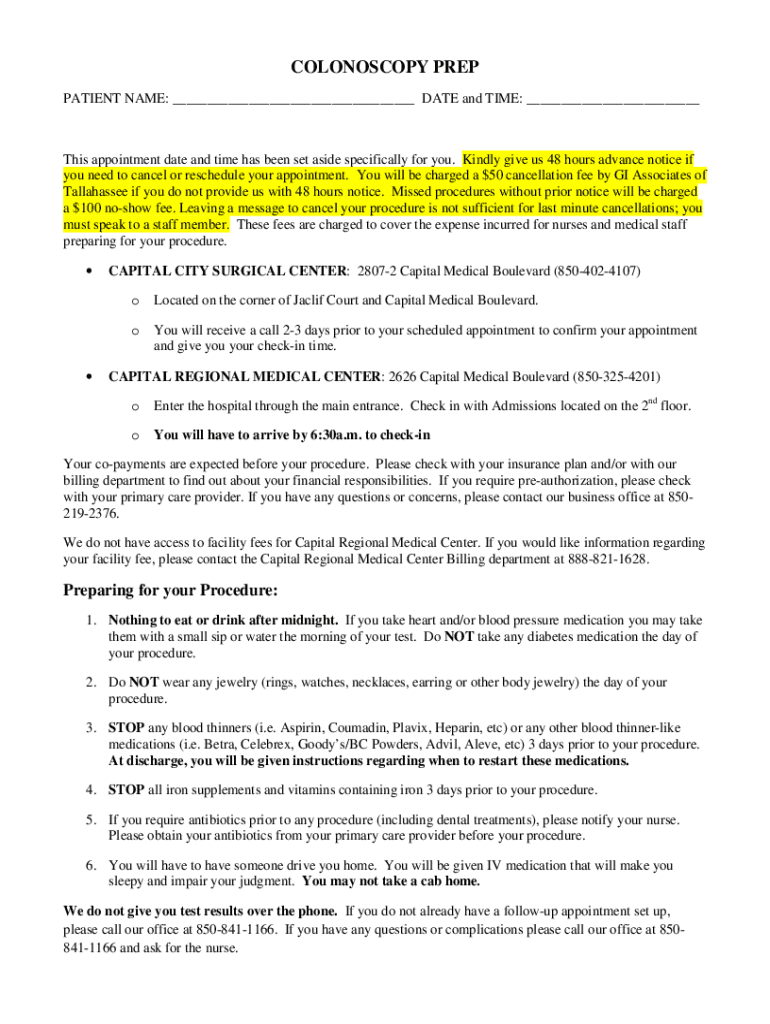 Fillable Online Gatorade/Miralax/Fleet Prep for Colonoscopy 48 HOUR ...