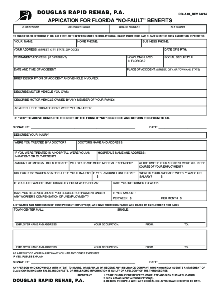 Fillable Online douglas rapid rehab, pa - appication for florida no ...