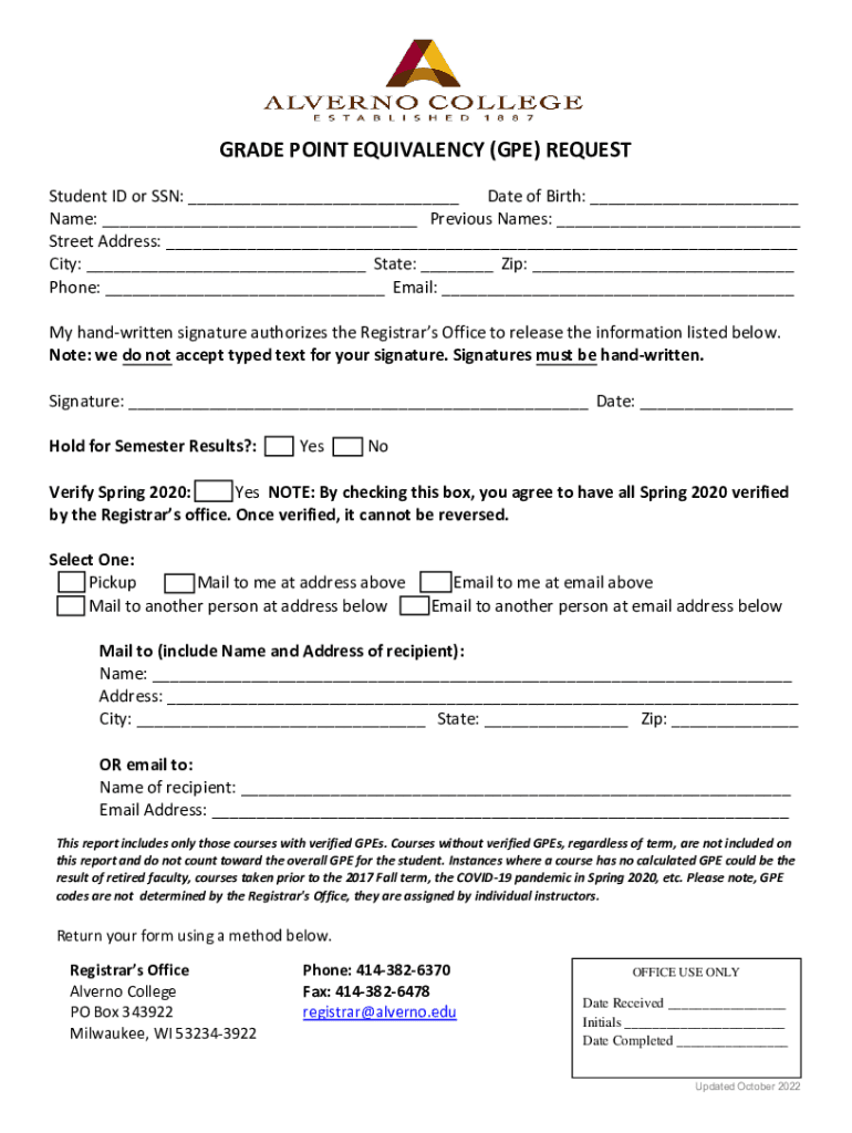 Fillable Online GRADE POINT EQUIVALENCY (GPE) REQUEST Fax Email Print ...
