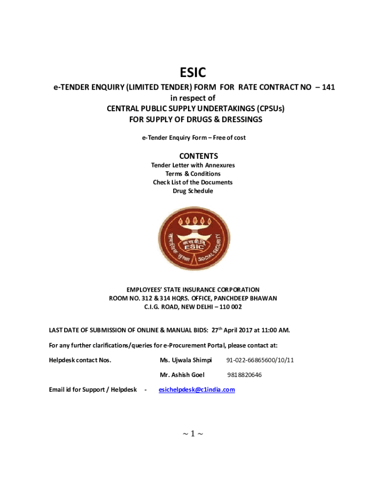 Fillable Online e-Tender enquiry form for Rate Contract for supply of ...