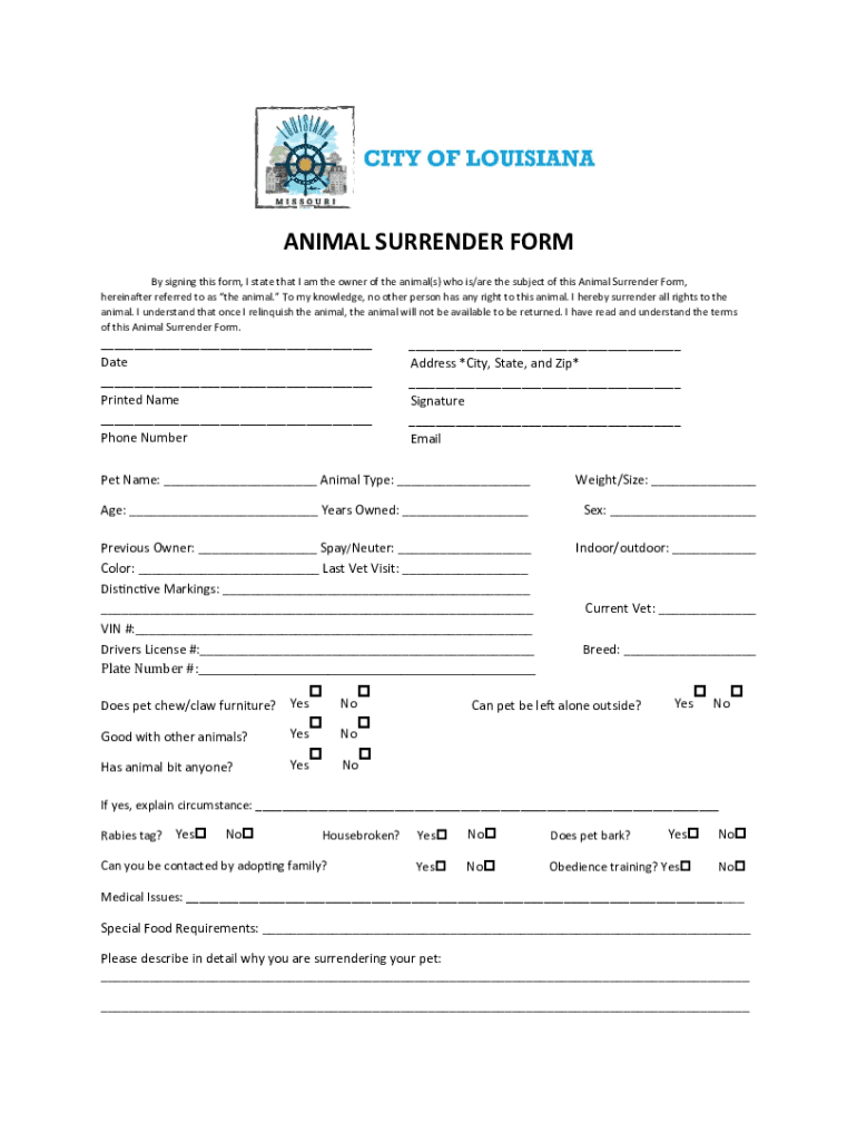 Fillable Online ANIMAL CONTROL FORM Fax Email Print - pdfFiller