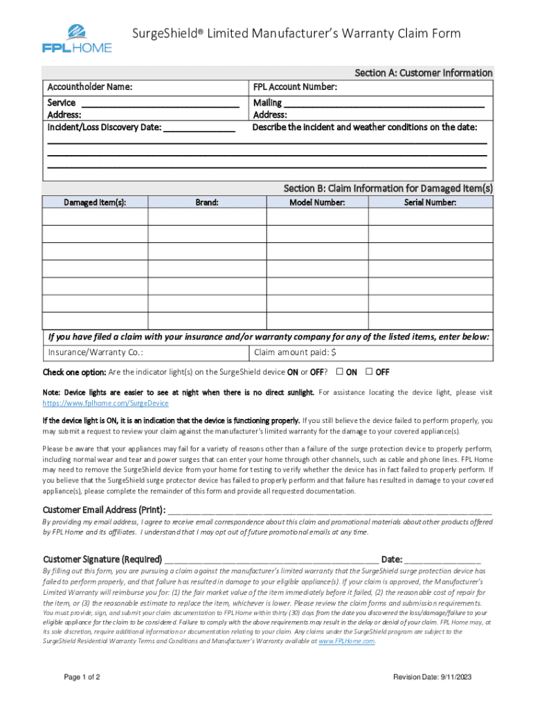 Fillable Online SurgeShield Limited Manufacturer's Warranty Claim Form ...