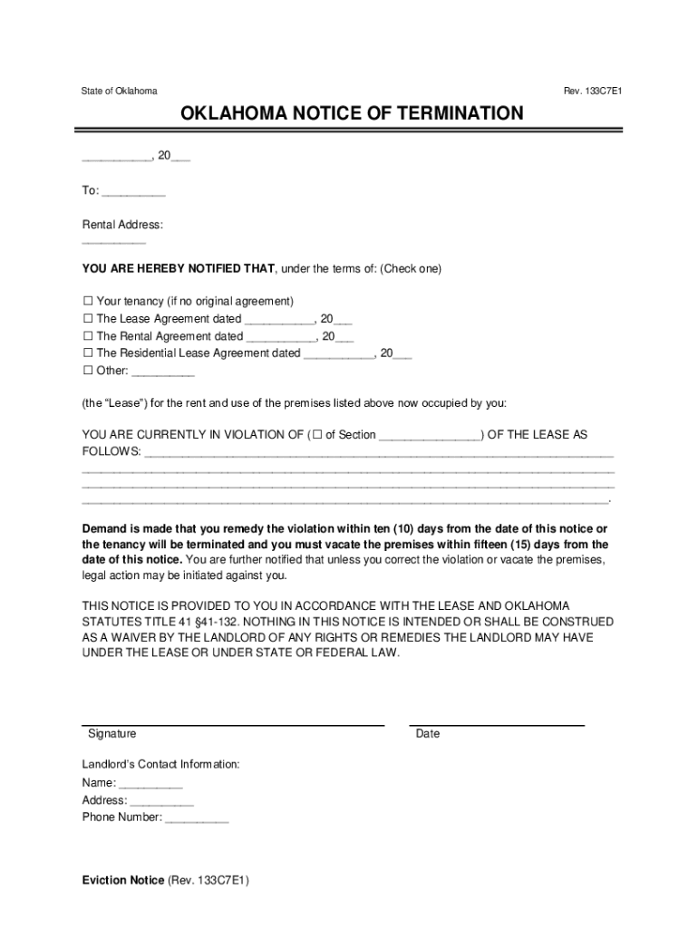 Fillable Online Oklahoma 15-Day Notice to Quit TemplateNon-Compliance ...