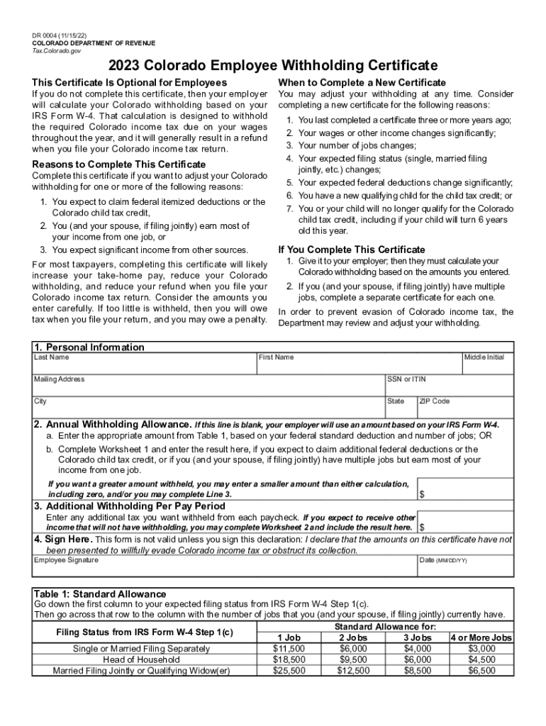 Fillable Online DR 0004 - Colorado Employee Withholding Certificate Fax ...