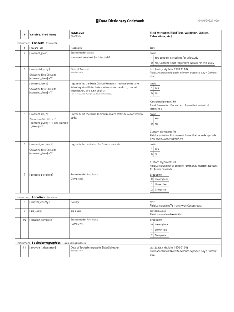 Fillable Online Data Dictionary Codebook Fax Email Print - pdfFiller