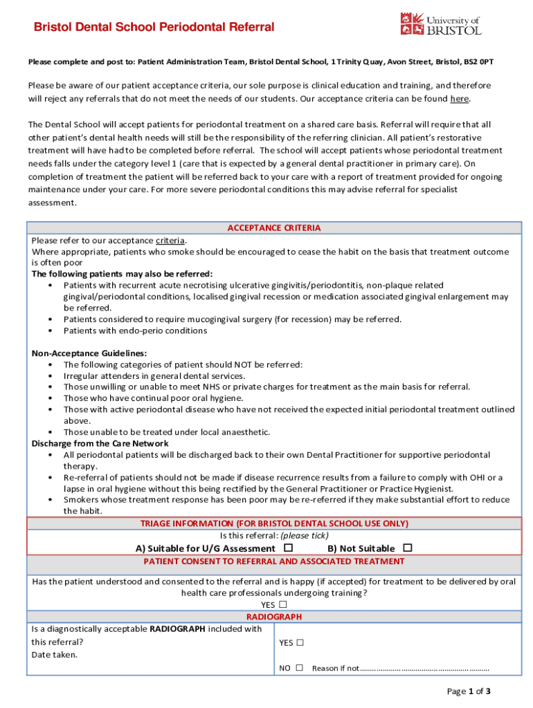 Fillable Online Bristol Dental School Periodontal Referral Fax Email ...