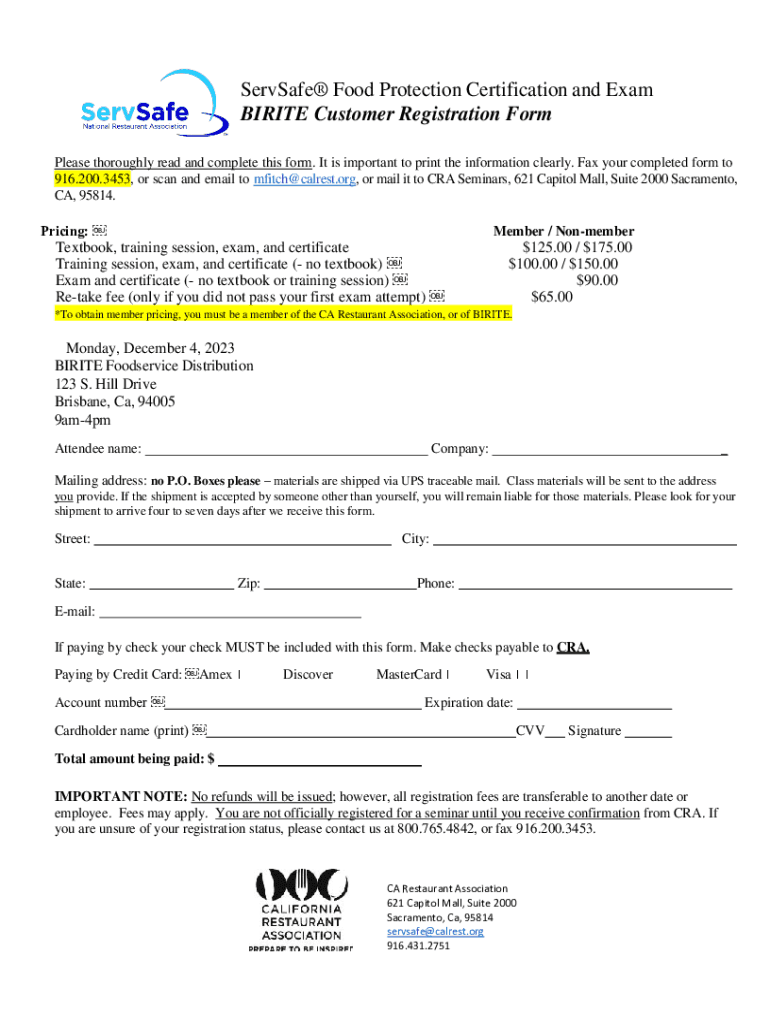 Fillable Online ServSafe Food Protection Certification and Exam ... Fax ...