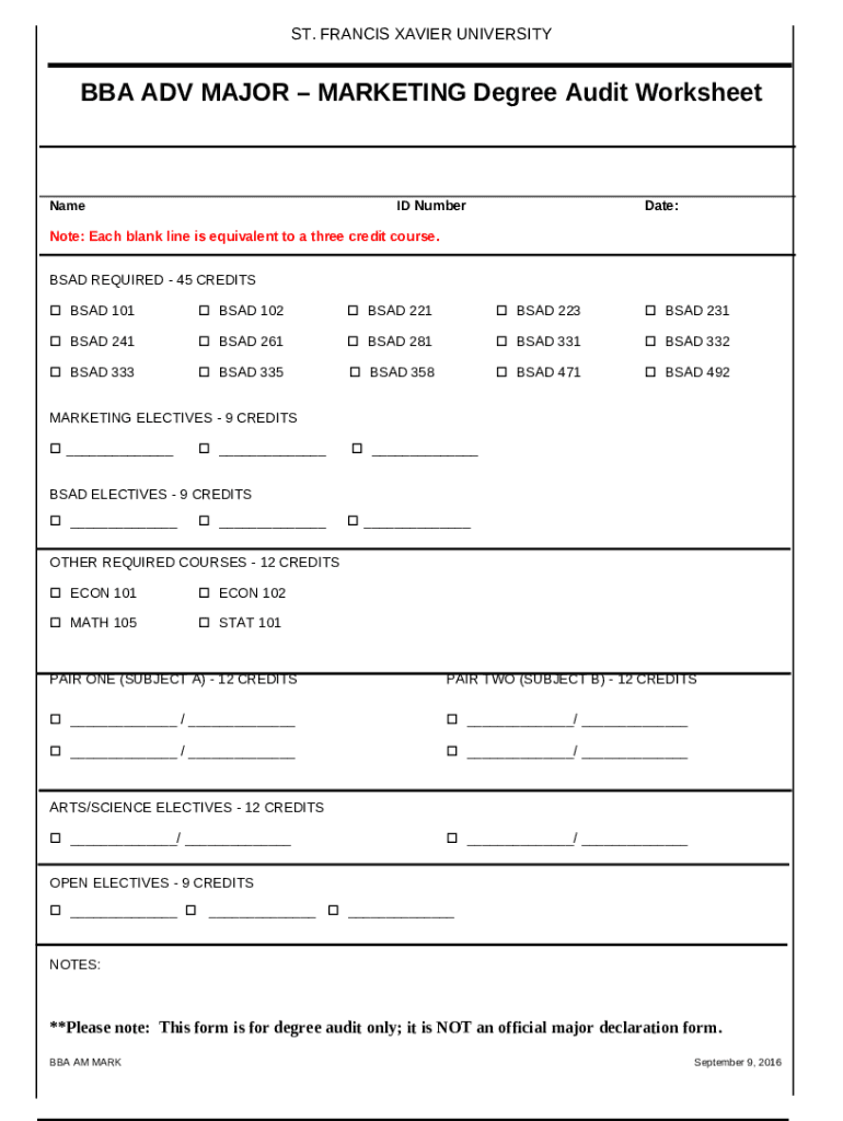 BBA ADV MAJOR - MARKETING Degree Audit Worksheet Doc Template | pdfFiller