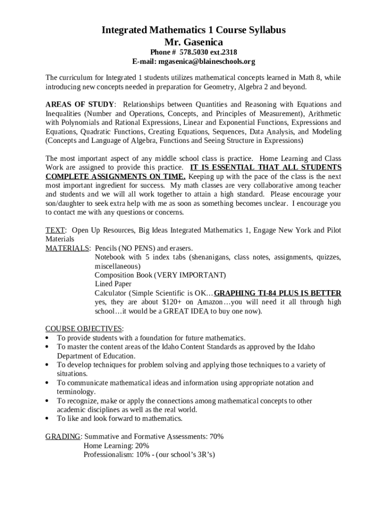 Integrated Mathematics 1 Course Syllabus Doc Template | pdfFiller