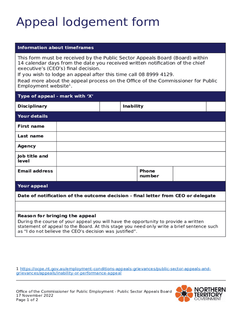 Appeal lodgement Doc Template | pdfFiller