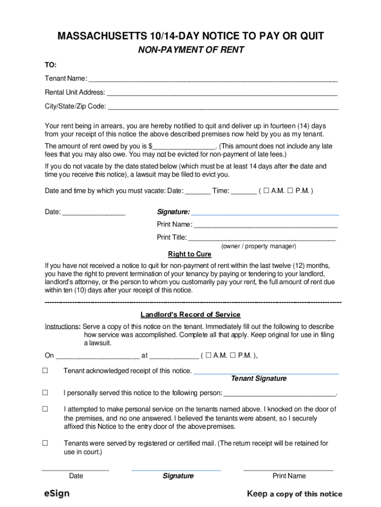 Fillable Online Massachusetts 14-Day Notice to Quit for Non-Payment Fax ...