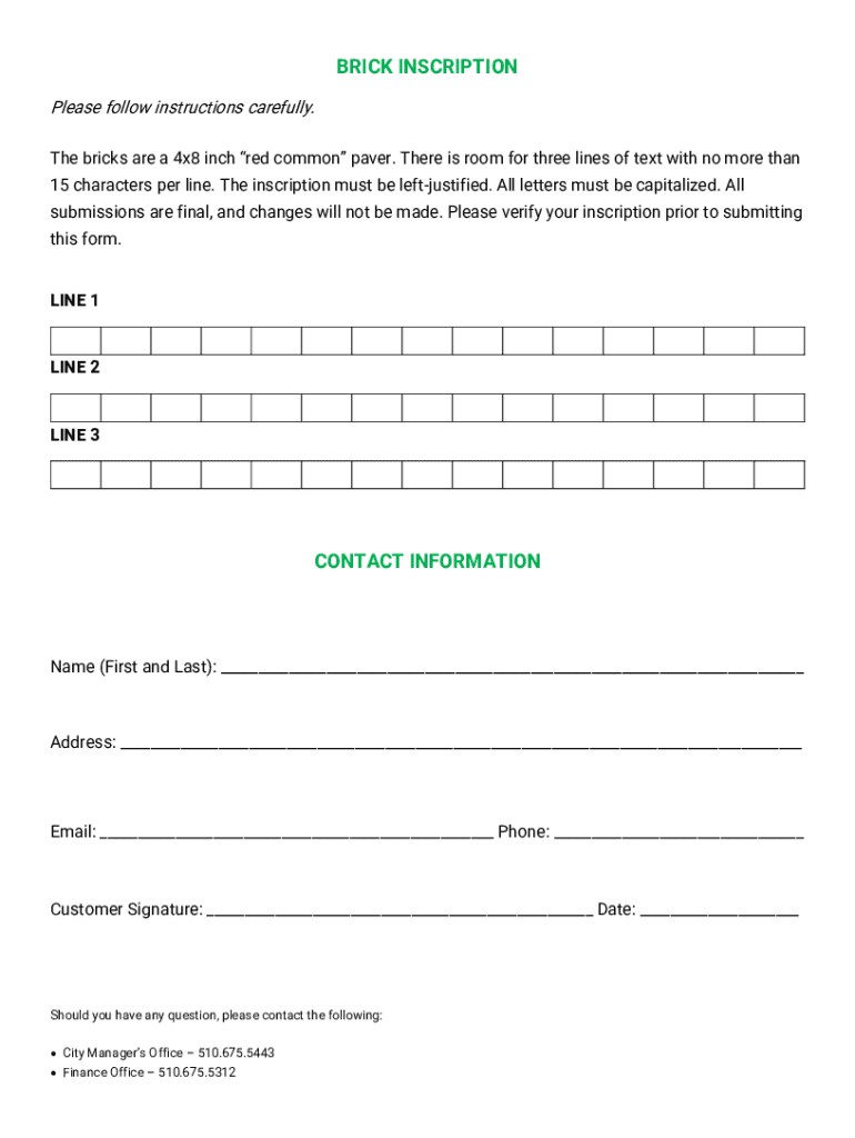 Fillable Online Veteran's Memorial Park Commemorative Bricks Order Form ...