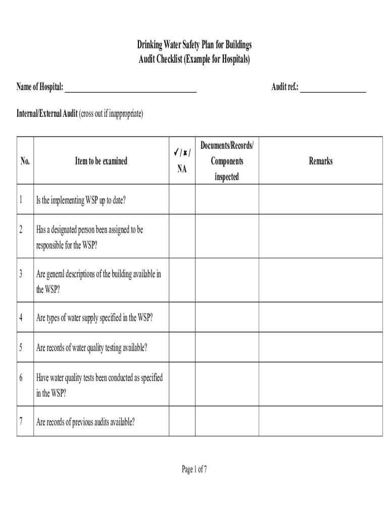 Fillable Online Drinking Water Safety Plan for Buildings Audit ...