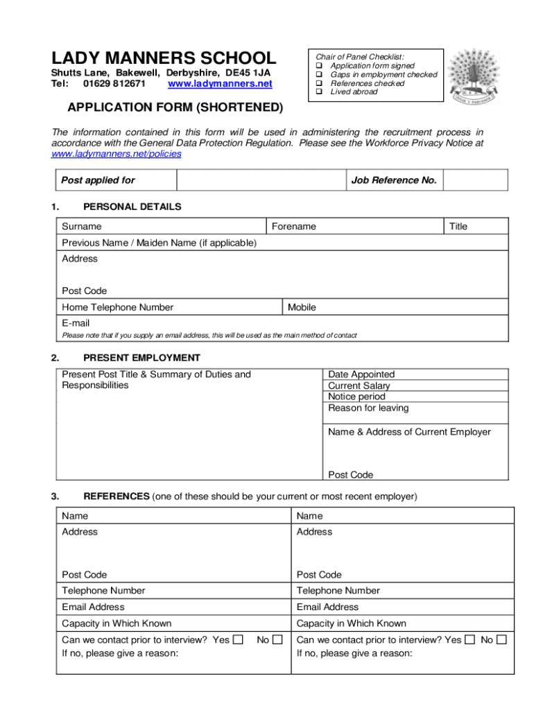 Fillable Online Lady Manners SchoolBakewell Fax Email Print - pdfFiller