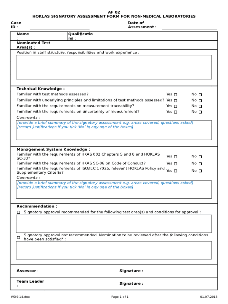 AF 02. AF 02 HOKLAS SIGNATORY ASSESSMENT Doc Template | pdfFiller