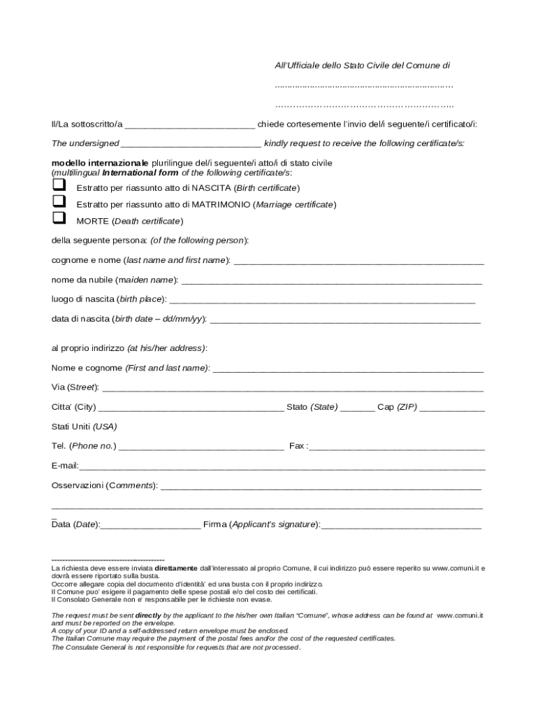 FAC-SIMILE RICHIESTA ATTI DI STATO CIVILE DI CITTADINI ITALIANI A ...