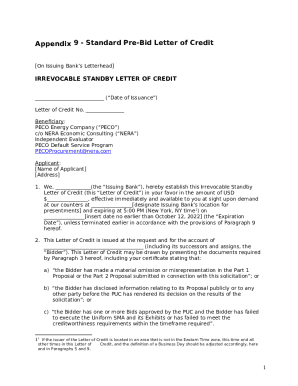 Appendix 9 - Standard Pre-Bid Letter of Credit Doc Template | pdfFiller