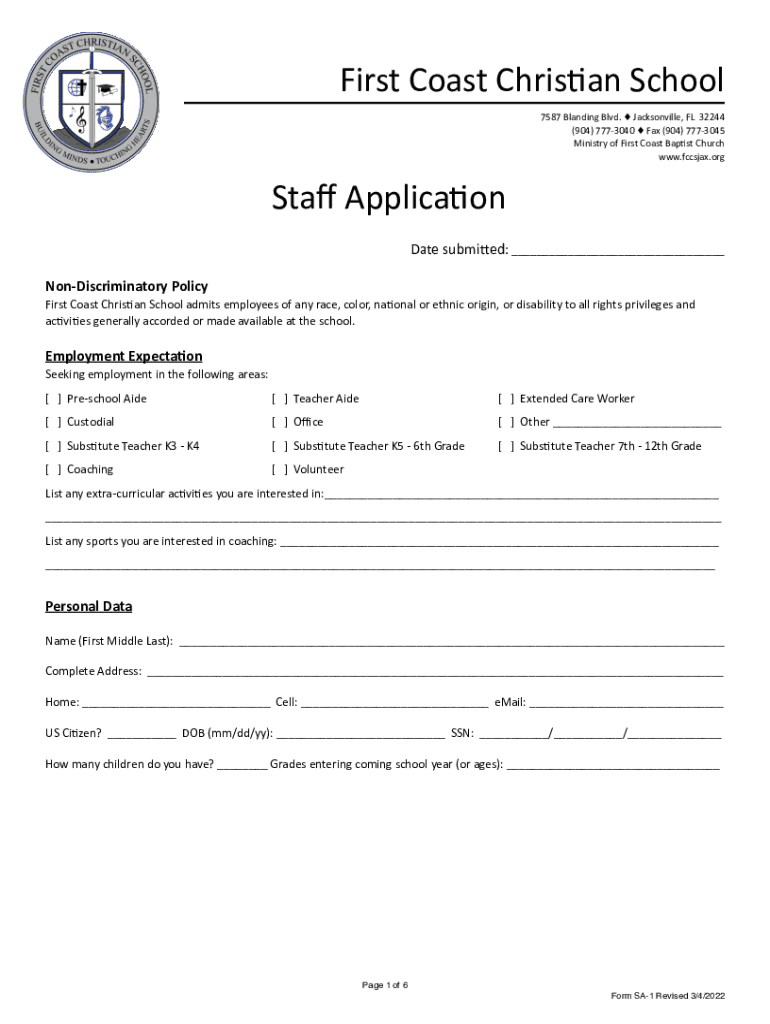 Fillable Online Staff Application - Form SA-1 rev 6-21-22 Fax Email ...