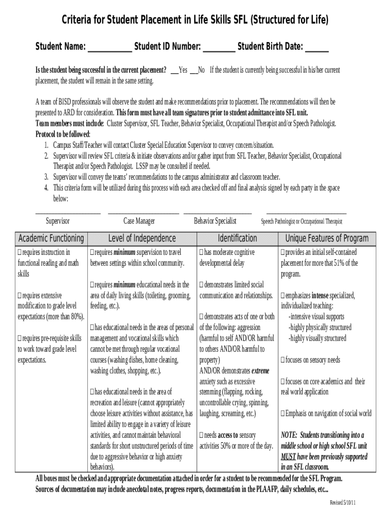 Criteria for Student Placement in Life Skills SFL (Structured for Life) Doc Template | pdfFiller