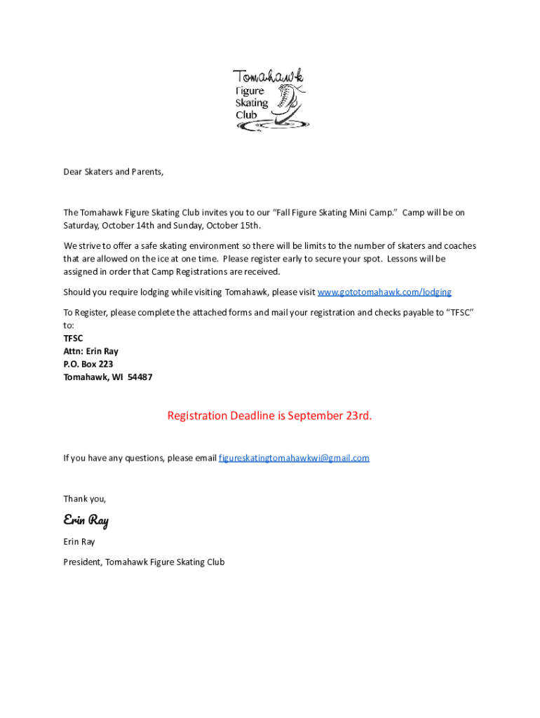 Fillable Online 2023 Tomahawk Figure Skating Fall Camp Registration ...