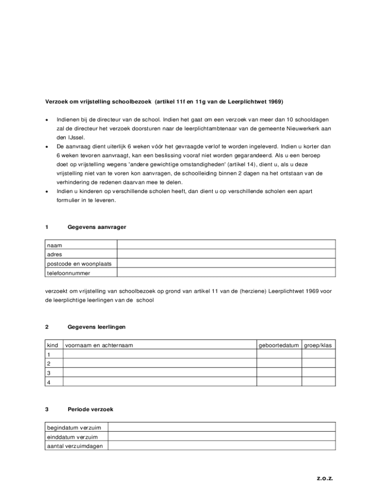 Invulbaar Online Formulier verzoek om vrijstelling van schoolbezoek Faxnummer Email Afdrukken ...