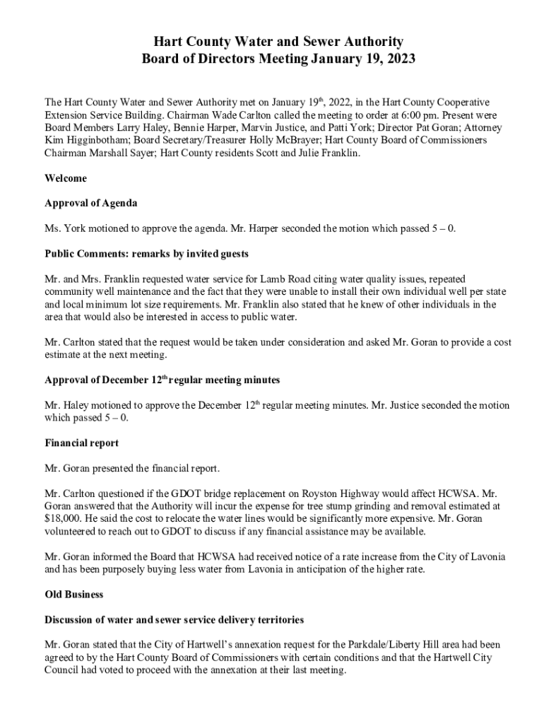 Fillable Online Hart Water & Sewer closes out 2023 with old business ...