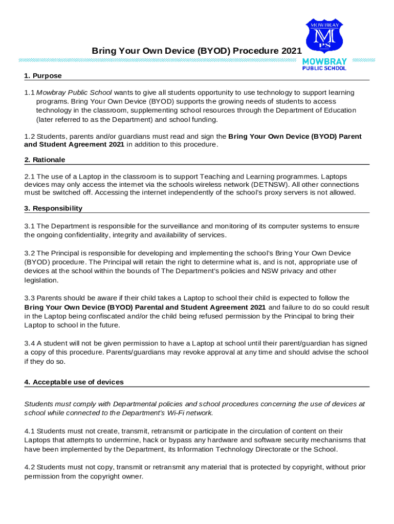 Bring Your Own Device BYOD For LearningPDFTeachers Doc Template | pdfFiller